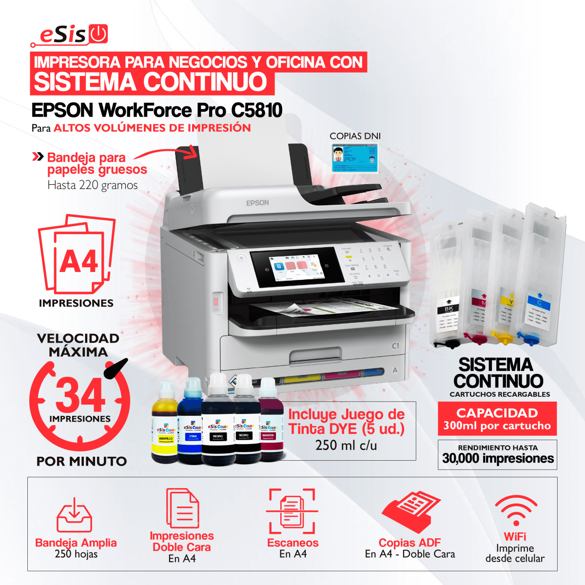 Impresora Epson WorkForce WF-C5810 + Sistema Continuo (Tinta DYE) – ESIS